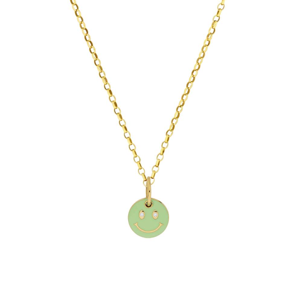 9ct Yellow Gold Smiley Necklace with Mint Green Enamel and Diamonds